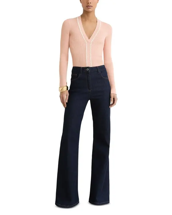 REISS Lauri Craft Stitch Trim Top - Pink/ivory