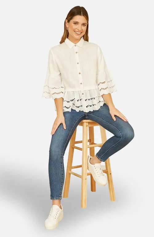 YUMI 3/4 Sleeve Scallop Trim Shirt