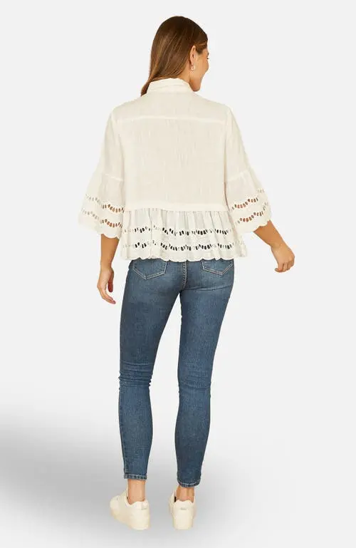 YUMI 3/4 Sleeve Scallop Trim Shirt