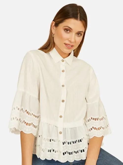 YUMI 3/4 Sleeve Scallop Trim Shirt - White