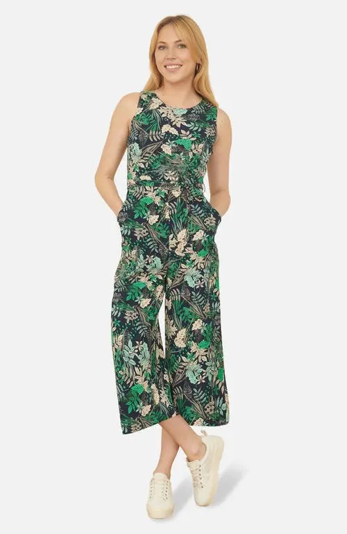 YUMI Sleeveless Leaf Print Culotte Jumpsuit - Navy