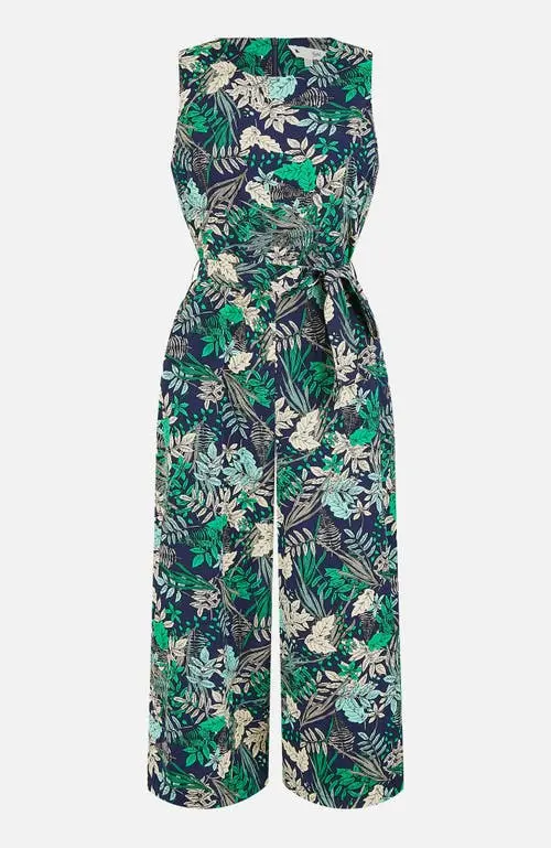 YUMI Sleeveless Leaf Print Culotte Jumpsuit - Navy