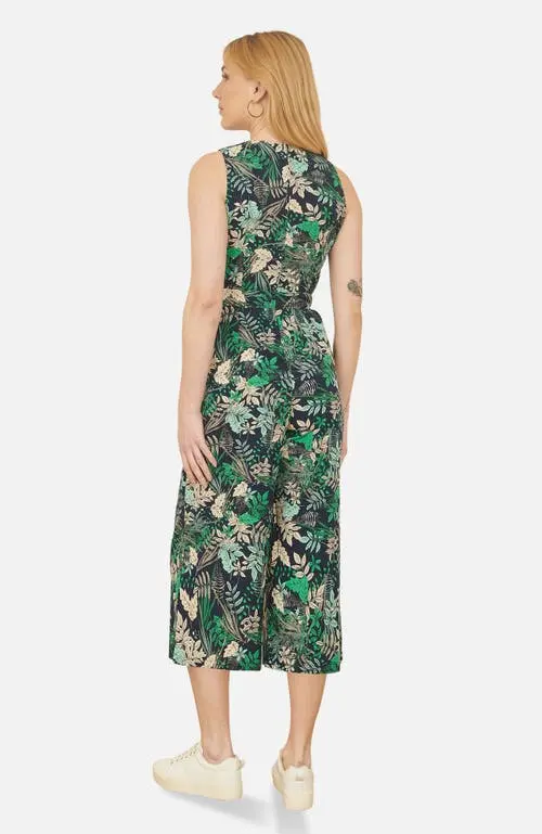 YUMI Sleeveless Leaf Print Culotte Jumpsuit - Navy