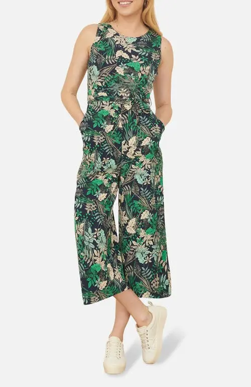 YUMI Sleeveless Leaf Print Culotte Jumpsuit - Navy