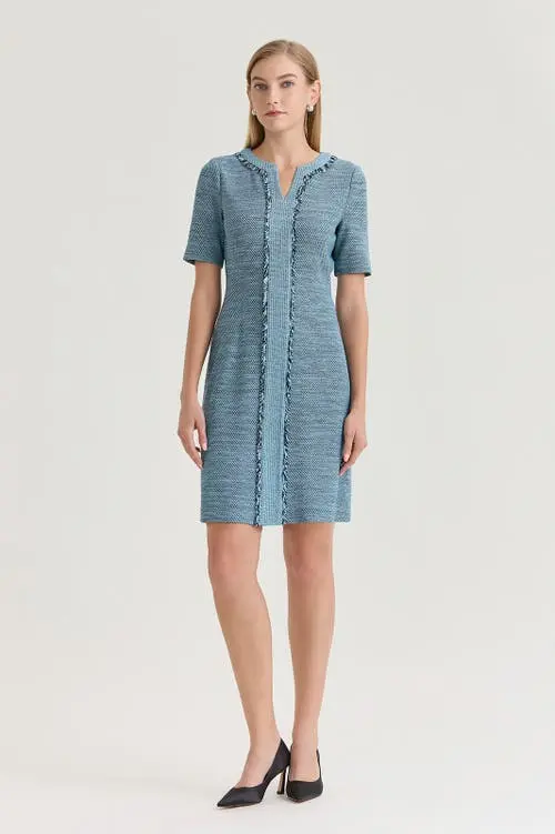 Ming Wang Tweed Knit Fringe Accent Sheath Dress - Serene/black