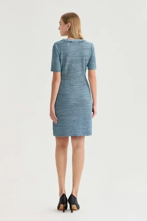 Ming Wang Tweed Knit Fringe Accent Sheath Dress