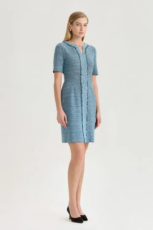 Ming Wang Tweed Knit Fringe Accent Sheath Dress