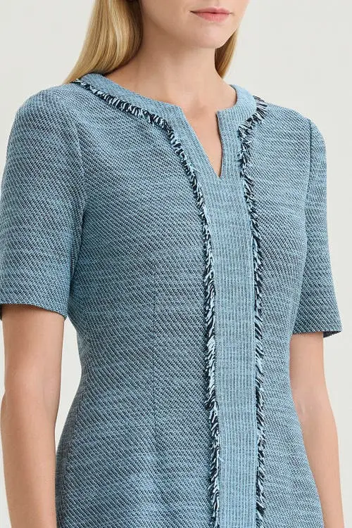 Ming Wang Tweed Knit Fringe Accent Sheath Dress
