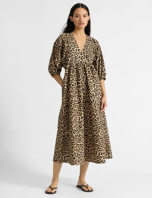 ALBARAY Animal Print Cotton Midi Dress - Brown
