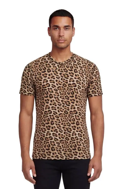 LORDS OF HARLECH Leopard Print Merino Wool V-neck Tee - Leopard Brown