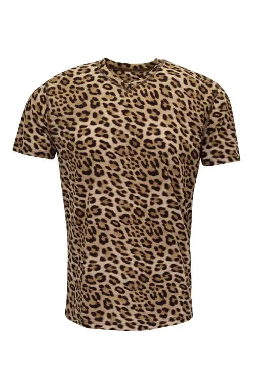 LORDS OF HARLECH Leopard Print Merino Wool V-neck Tee - Leopard Brown