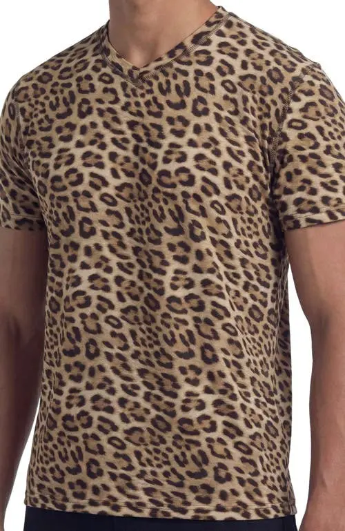 LORDS OF HARLECH Leopard Print Merino Wool V-neck Tee - Leopard Brown