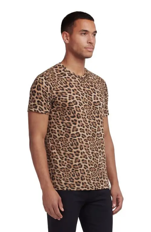 LORDS OF HARLECH Leopard Print Merino Wool V-neck Tee - Leopard Brown