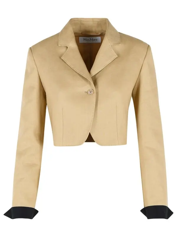 Max Mara Buono' Diagonal Cropped Jacket In Camel Linen - Beige