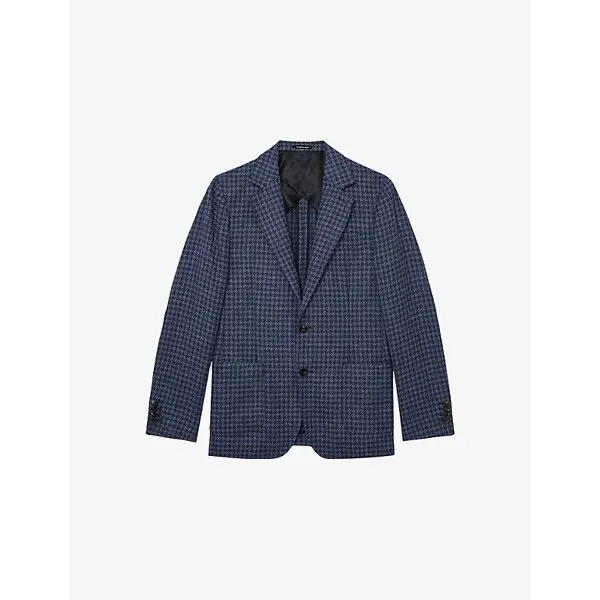 REISS Romana Notch-lapel Dogtooth Wool And Linen Blazer - Navy