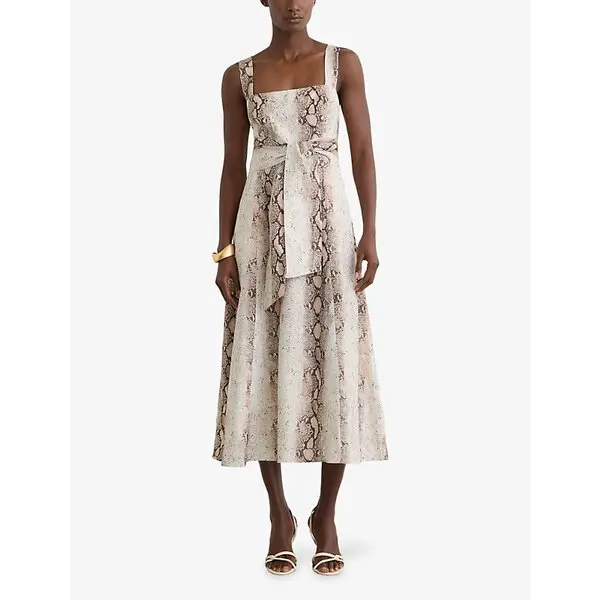 REISS Amy Snake-print Linen-blend Midi Dress