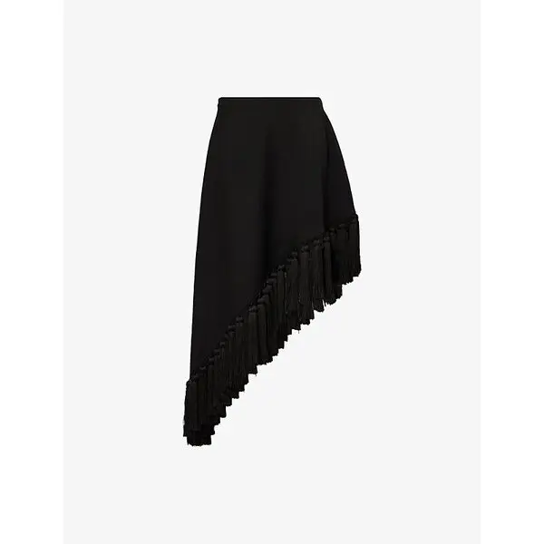 Alaïa Noir Asymmetric Tassel Wool Midi Skirt - Noir Alaia