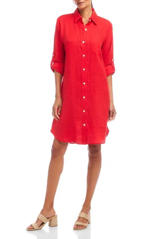 Karen Kane Long Sleeve Linen Shirt Dress - Cherry
