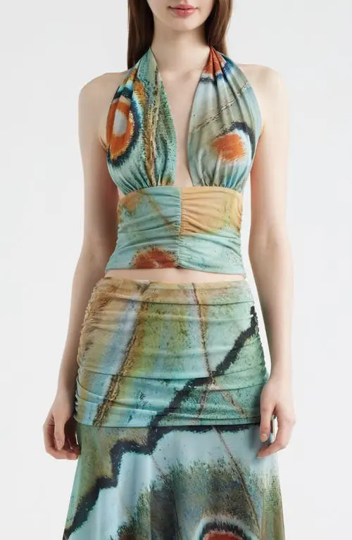 FENERS Festa Print Plunge Halter Neck Crop Top - Marbre