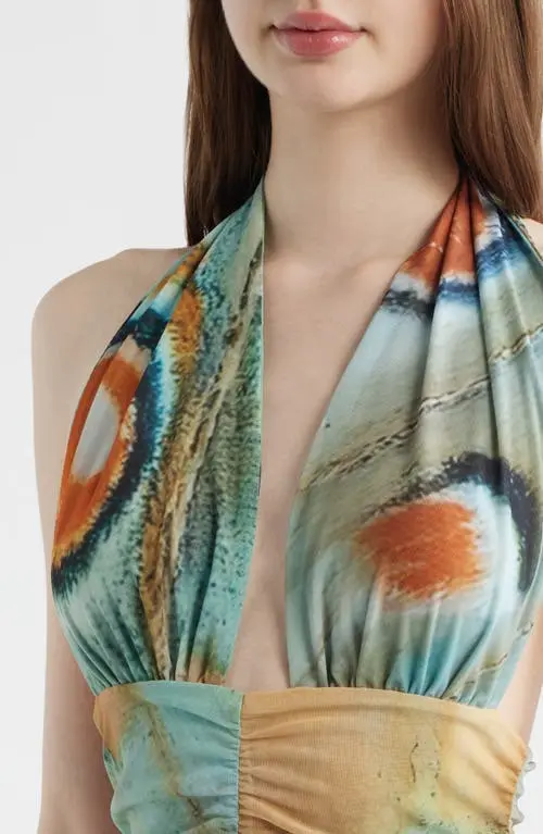 FENERS Festa Print Plunge Halter Neck Crop Top - Marbre