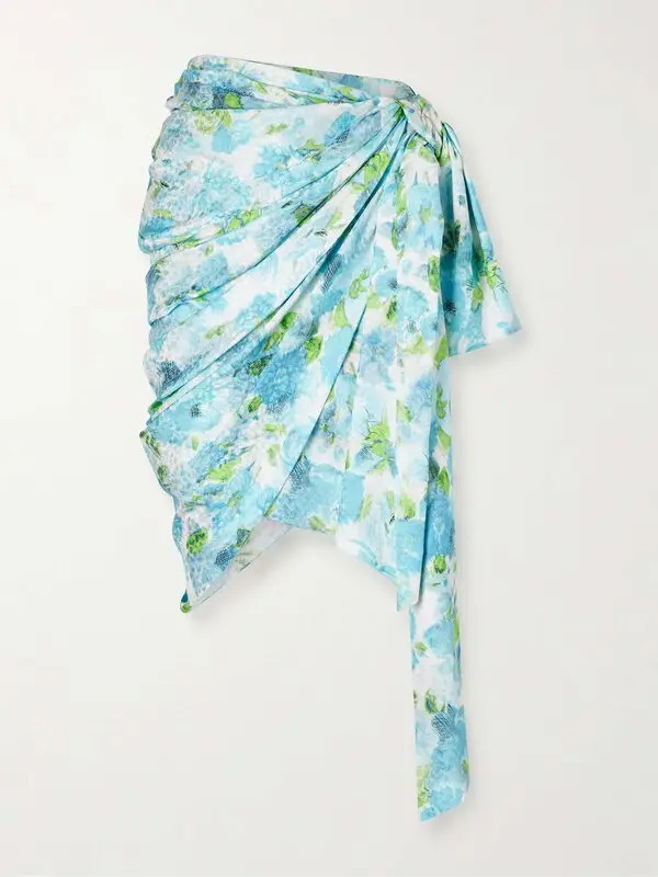 Chloé Floral-print Silk-jacquard Draped Midi Skirt - Blue