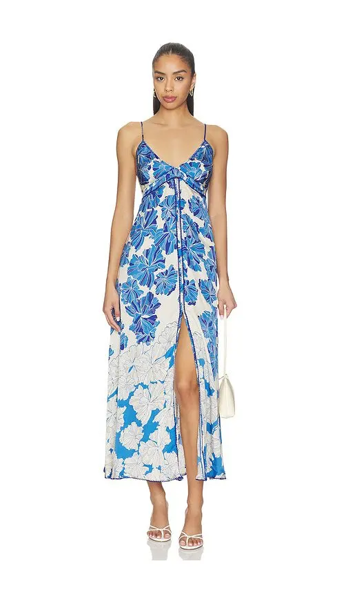 Poupette St Barth Denise Long Dress In Blue,cream - Blue Flower Bunch