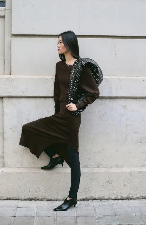 Mango Fine Knit Blouson Sweater Midi Dress