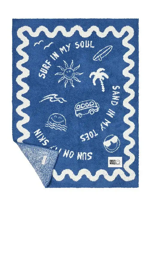 Barefoot Dreams Cozychic Smileyworld Surf Stroller Blanket In Blue - Azure Tide & Cream