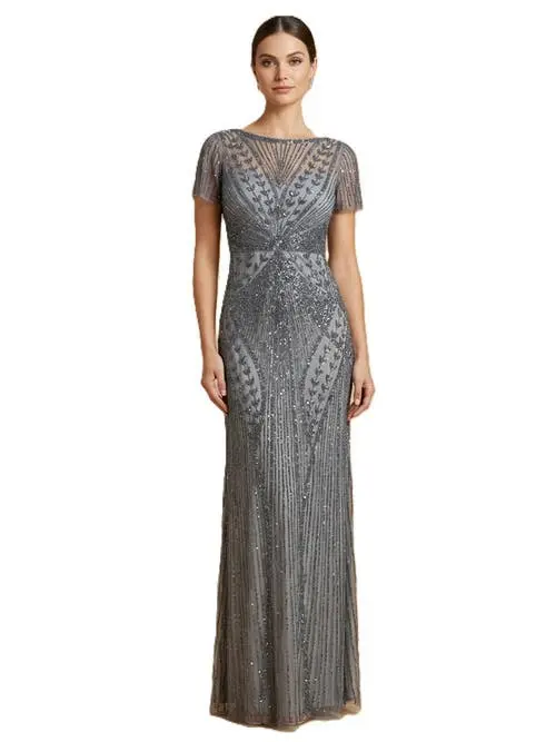 LARA NEW YORK Beaded Flutter Sleeve Gown - Mid Grey