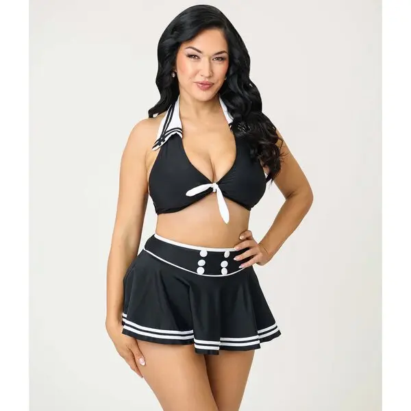 Unique Vintage Collared Halter Faux Tie Front Swim Top - Black W/white Accents