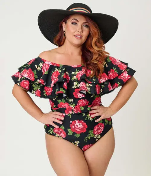 Unique Vintage Off-shoulder One-piece Swimsuit - Black Cabbage Rose Print