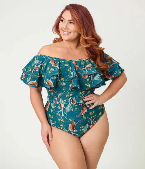 Unique Vintage Off-shoulder One-piece Swimsuit - Teal Tiger Print