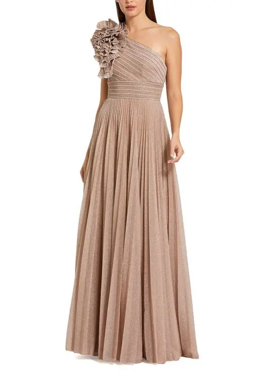 Mac Duggal Petite Pleated Metallic One Shoulder Gown With Ruffle Accent - Champagne
