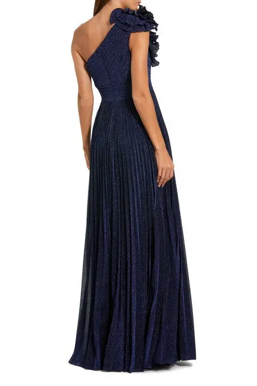 Mac Duggal Petite Pleated Metallic One Shoulder Gown With Ruffle Accent - Midnight
