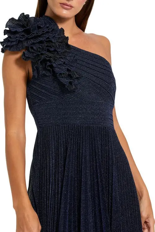 Mac Duggal Petite Pleated Metallic One Shoulder Gown With Ruffle Accent - Midnight