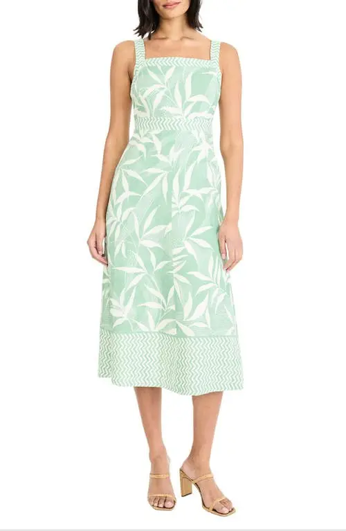 Maggy London Leaf Print Square Neck Midi Dress - Ivory/sage