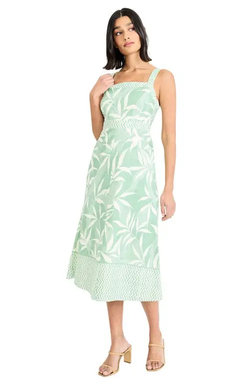 Maggy London Leaf Print Square Neck Midi Dress