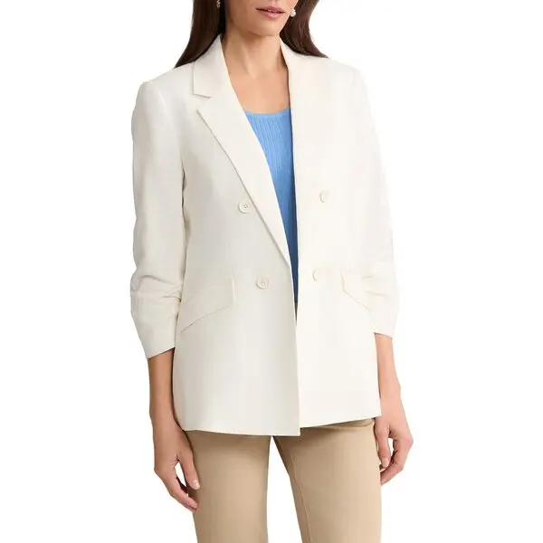 Jones New York Scrunch Sleeve Faux Double Breasted Linen Jacket - Natural White