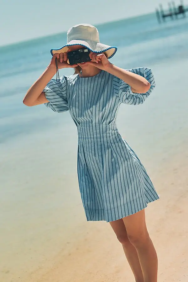 EXQUISE Puff-sleeve Mini Dress - Blue Stripe