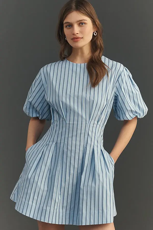 EXQUISE Puff-sleeve Striped Mini Dress - Blue Stripe