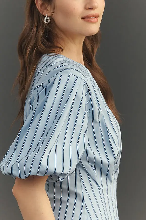 EXQUISE Puff-sleeve Striped Mini Dress - Blue Stripe