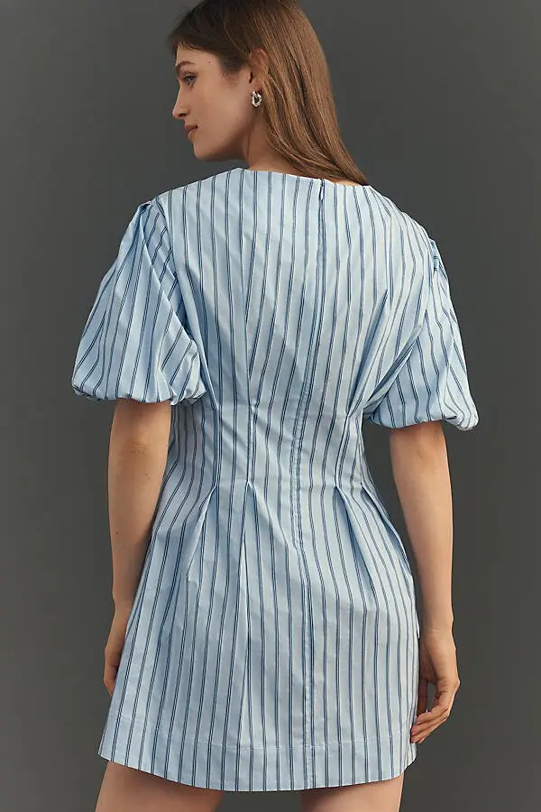 EXQUISE Puff-sleeve Striped Mini Dress - Blue Stripe