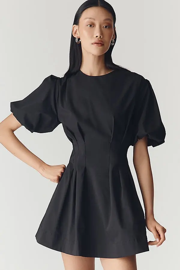 EXQUISE Puff-sleeve Mini Dress - Solid Black