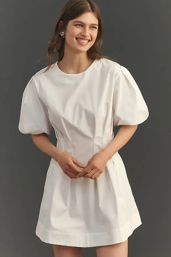 EXQUISE Puff-sleeve Striped Mini Dress