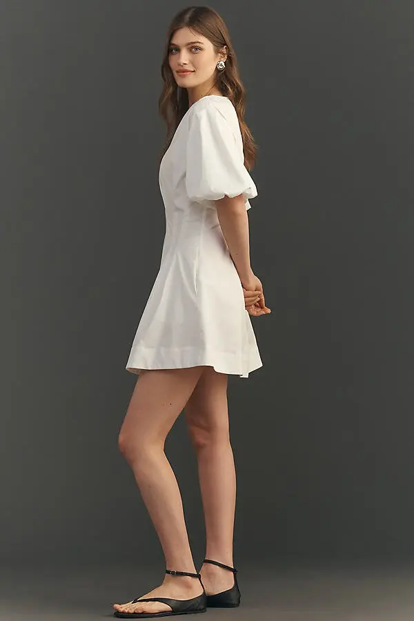 EXQUISE Puff-sleeve Striped Mini Dress
