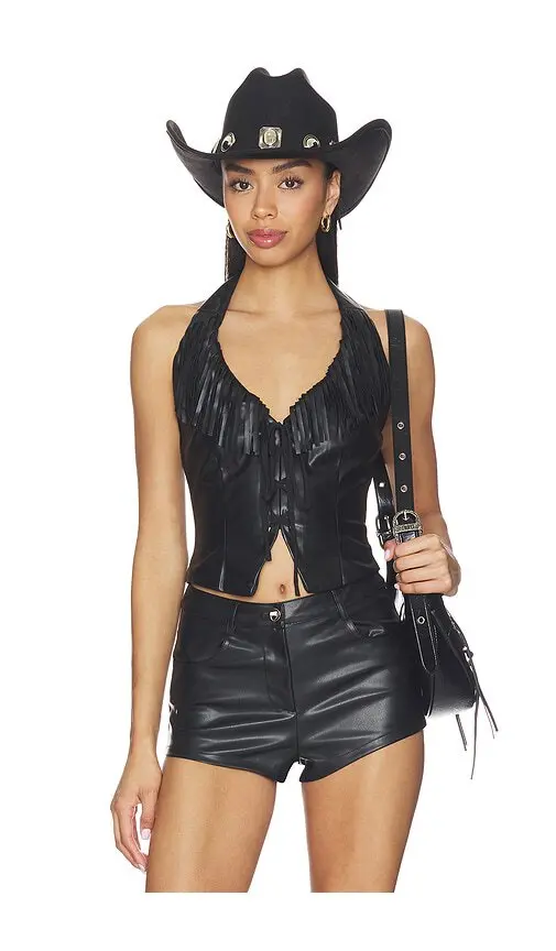 Superdown Faux Leather Halter Top With Fringe Detail