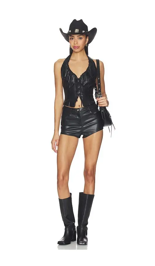 Superdown Faux Leather Halter Top With Fringe Detail