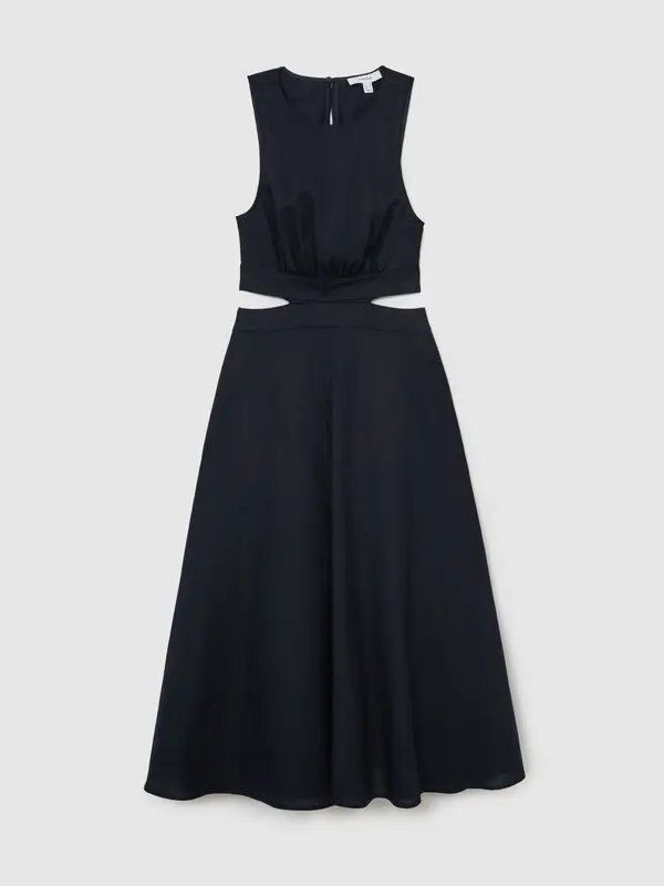 REISS Hazel Linen-cotton Cut-out Midi Dress - Navy