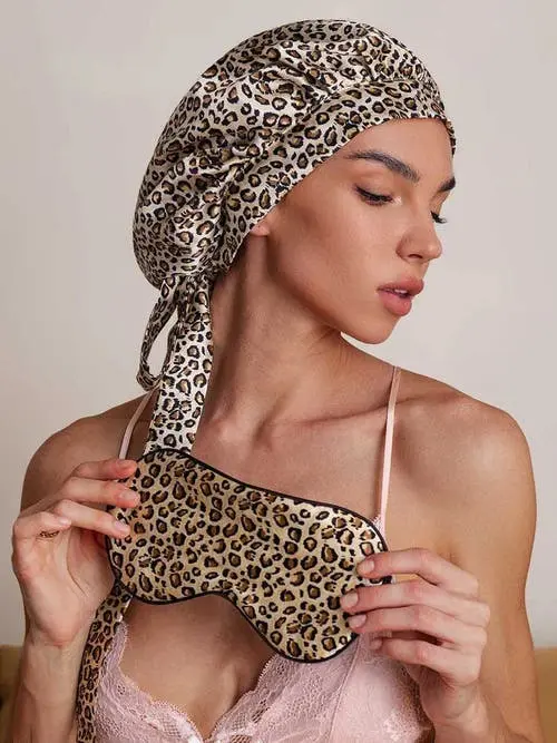 SILKSILKY Pure Silk Bonnet+eye Mask Set - Leopard