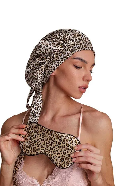 SILKSILKY Pure Silk Bonnet+eye Mask Set - Leopard
